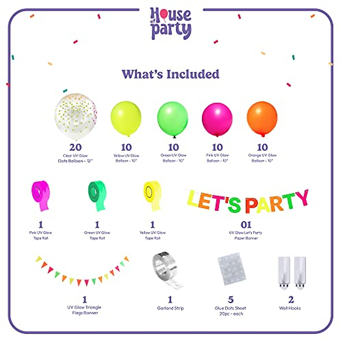 HOUSE OF PARTY Neon Balloon Arch – UV Glow Neon Balloons with Let's Party Neon Banner, Black Light Glow in the Dark Balloons, Neon Party Decorations