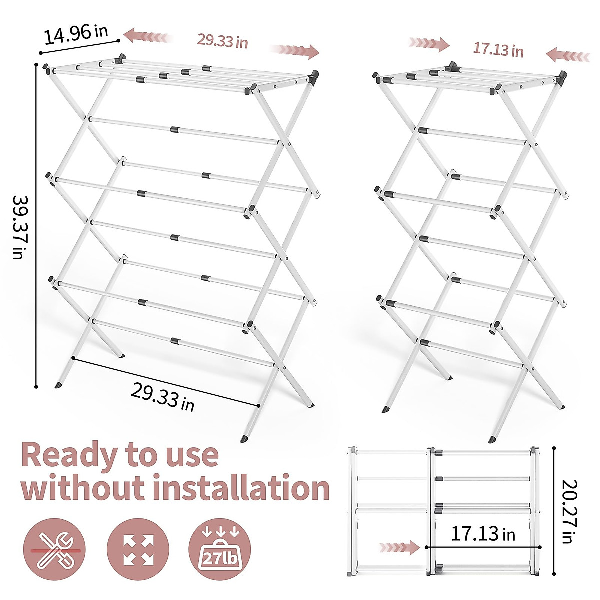 APEXCHASER Clothes Drying Rack, 3-Tier Laundry Drying Rack for Clothes, Expandable Metal Clothing Dryer, Collapsible Towel Rack, Air Drying Rack, White
