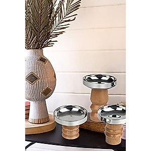 Vixdonos Pillar Candle Holders Set of 3 Wood Candlestick Holder Stainless Steel Plate for Mantel Decor, Dining Table Centerpiece
