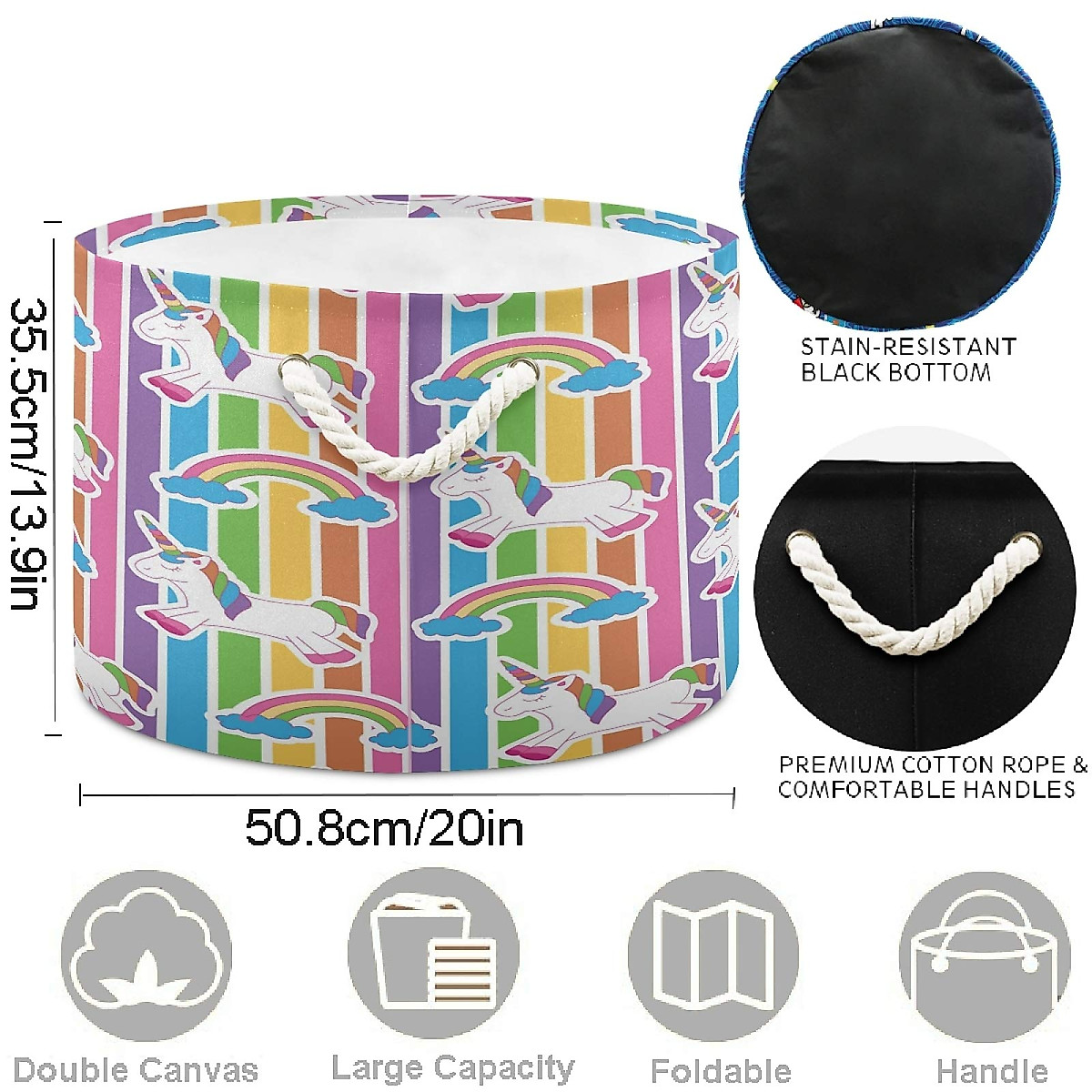 visesunny Storage Basket Unicorn Rainbow Stripe Nursery Hamper Basket Clothes Toy Storage Organizer Bin Box Collapsible Laundry Bag for Kid Room,Playroom,Bathroom,Living Room,Dorm