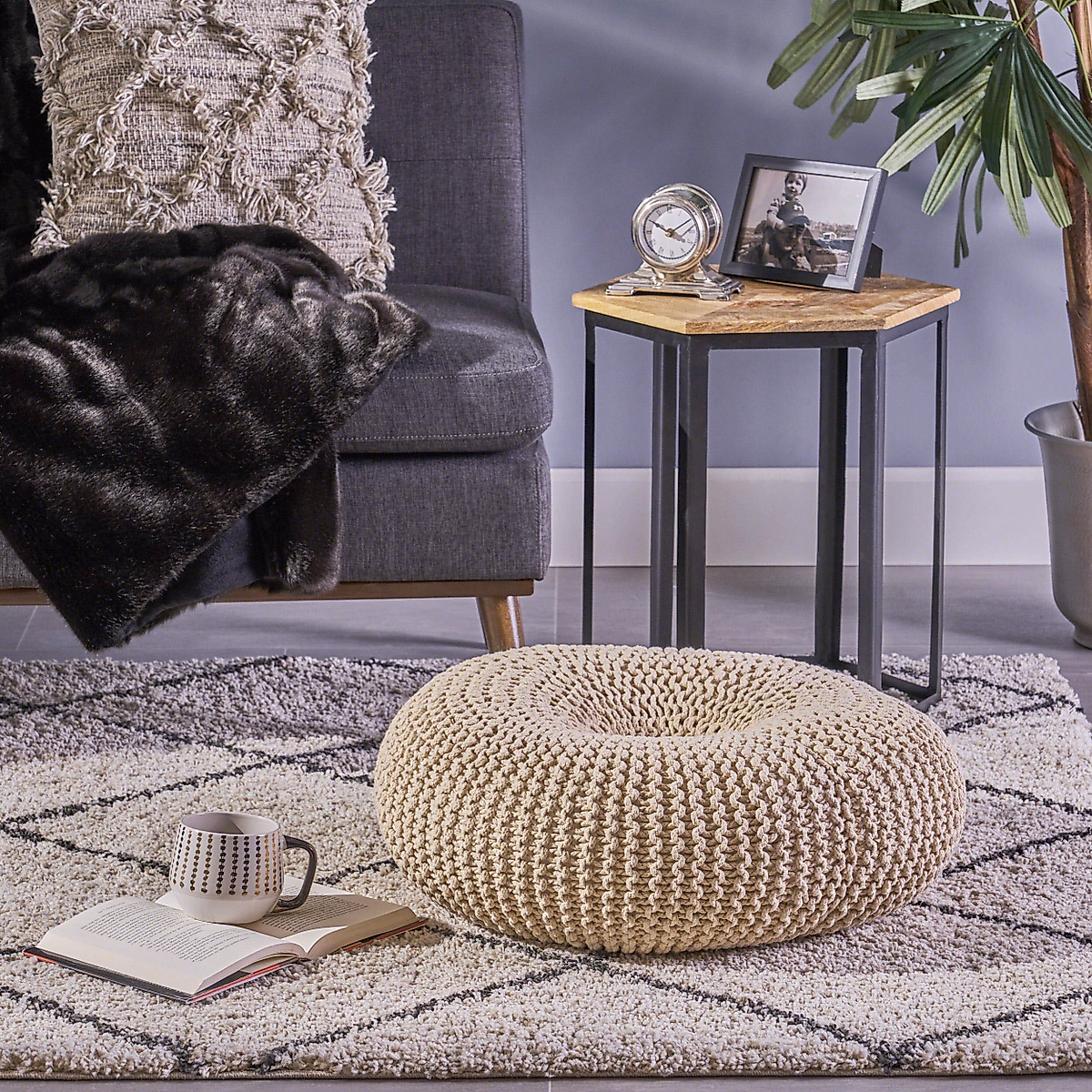 Christopher Knight Home Truda Knitted Cotton Donut Pouf, Dark Grey