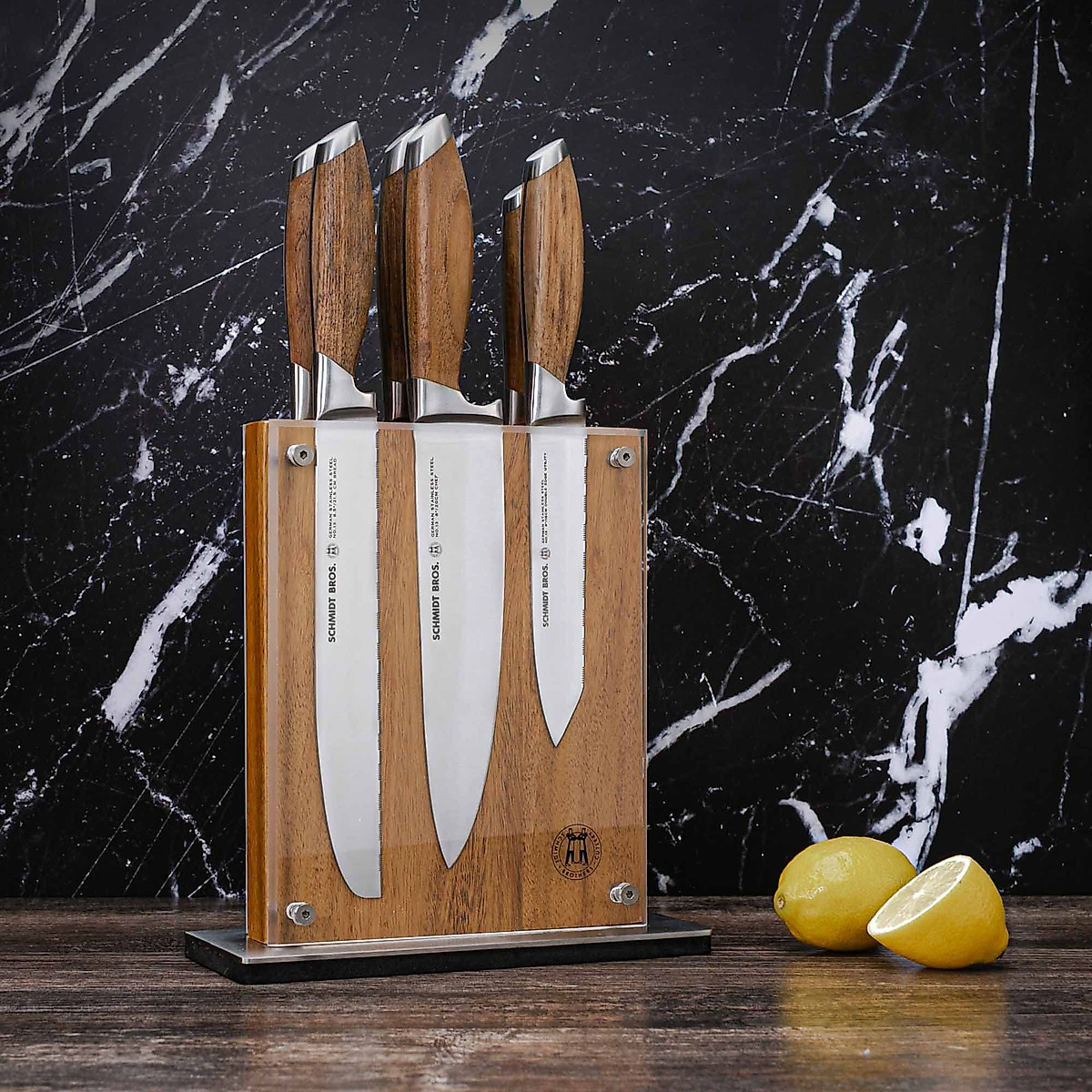 Schmidt Brothers - Bonded Teak, 7-Piece Knife Set, High-Carbon Stainless Steel Cutlery with Midtown Acacia and Acrylic Magnetic Knife Block