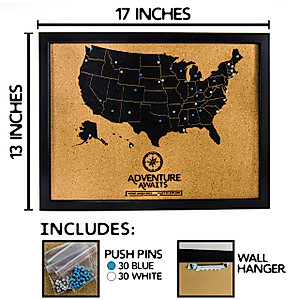 Art of Wanderlust Pushpin Bulletin Cork Board USA Wall Map and Pins | US Travel Tracker Map for Past and Future Bucket List Destinations | United States | 17 x 13 Inches | Black Frame