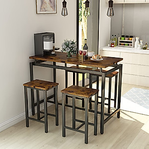 AWQM Bar Table and Stools Set, Rectangle Dining Table Set for 4, Industrial Counter Height Kitchen Bar Table and Chairs Set for Breakfast Nook, Restaurant, Apartment, Small Spaces - Rustic Brown