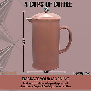 French Press Coffee Maker Stoneware Vintage Cafetiere 34 Ounces Insulated Heat Retention Dishwasher Safe (Pink)