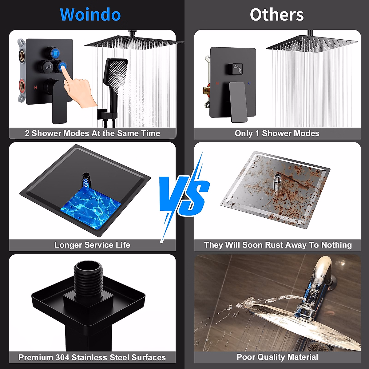 Woindo Shower Faucet Set, 12" Ceiling Mount Rainfall Shower System with 2 Rain Shower Head and Multi-function Handheld Head Push Button Diverter Shower Faucet Trim Kits, Matte Black