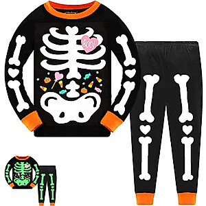 Tkria Kids Pajamas for Girls Skeleton Glow-in-The-Dark Cotton Sleepwear Toddler Clothes Halloween Outfit Size 1-12T