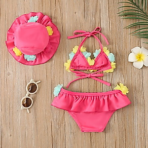 Yccutest Infant Baby Girl Flower Swimsuit 3Pcs Halter Triangle Tops Ruffle Bottoms Sun Hat Bikini Set Bathing Suit Swimwear (Pink,0-6 Months)