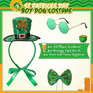3 Pcs St Patrick&#039;s Day Dog Costume, St. Patty&#039;s Day Doggie Headband Green Round PET Sunglasses and Green Shamrock Bow Tie Kit for Medium Large Dogs