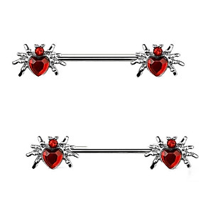 Body Accentz Nipple Ring HEART SPIDER ENDS 316L SURGICAL STEEL BAR