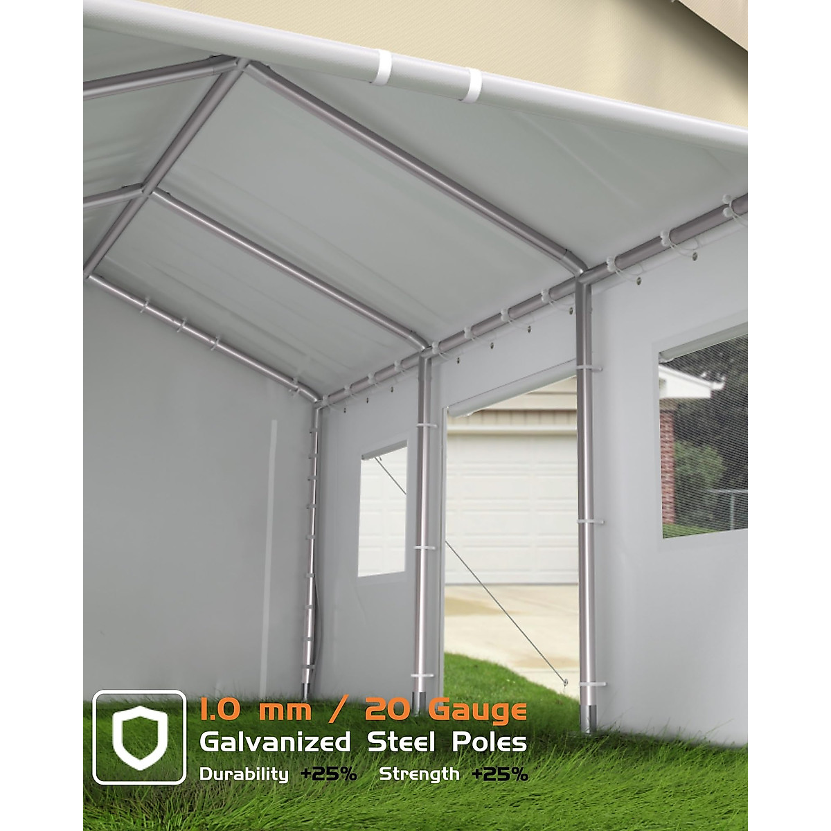 GarveeLife 10 x 20 ft Carport Heavy Duty, Portable Garage with 4 Roll-up Doors, 4 Mesh Windows, 180 g PE Tarps, and 8 x 1.0 mm Poles, for Full-Size Pickups, Bass Boats, and SUVs, Khaki