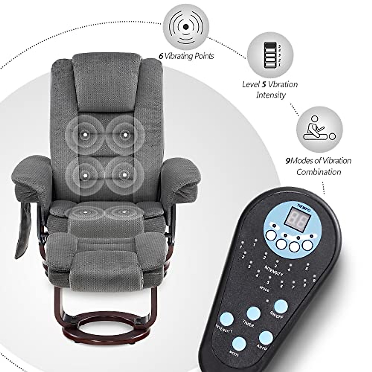 MCombo Recliner Chair with Ottoman, Fabric Accent Chair with Vibration Massage, Swivel Chair with Wood Base, for Living Reading Room Bedroom, 9099 (Grey)