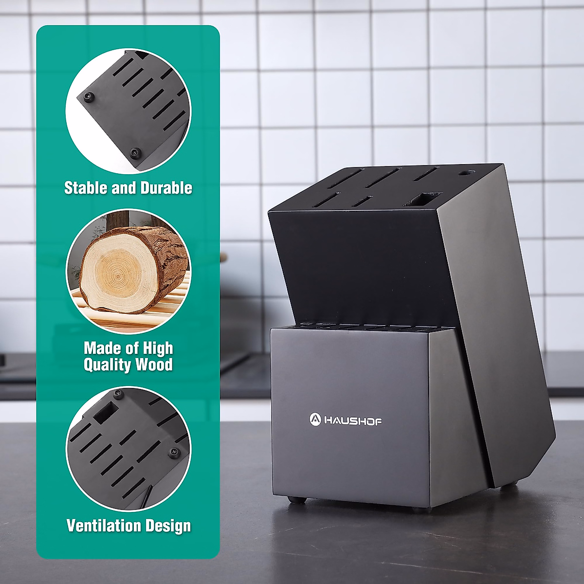 HAUSHOF 14 PCS Kitchen Knife Set With Block Wooden, Razor-Sharp Stainless Steel, Forged Triple Rivet, Chefs, Santoku, Slicing, Utility & 6 Steak Knives, Black