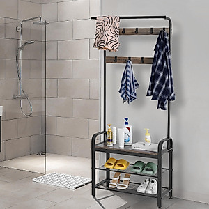 cenivi Hall Tree with Bench and Shoe Storage, 4-In-1 Entryway Bench with Coat Rack, with Hanging Rod, 9 Removable Coat Hooks, Shoes Rack, Assembled Hall Tree with Storage Furniture, Gray