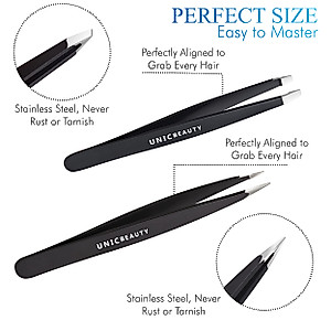 Tweezer Set 4-Piece for Men & Women - Professional Edge and point for Ingrown Hair,Eyebrow, Splinter, Facial & Blackhead Removal - Stainless Steel tweezers (Black)