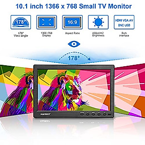 Haiway 10.1 inch Security Monitor, 1366x768 Resolution Small HDMI Monitor Small Portable Monitor with Remote Control with Built-in Dual Speakers HDMI VGA BNC USB Input for Gaming CCTV Raspberry Pi PC