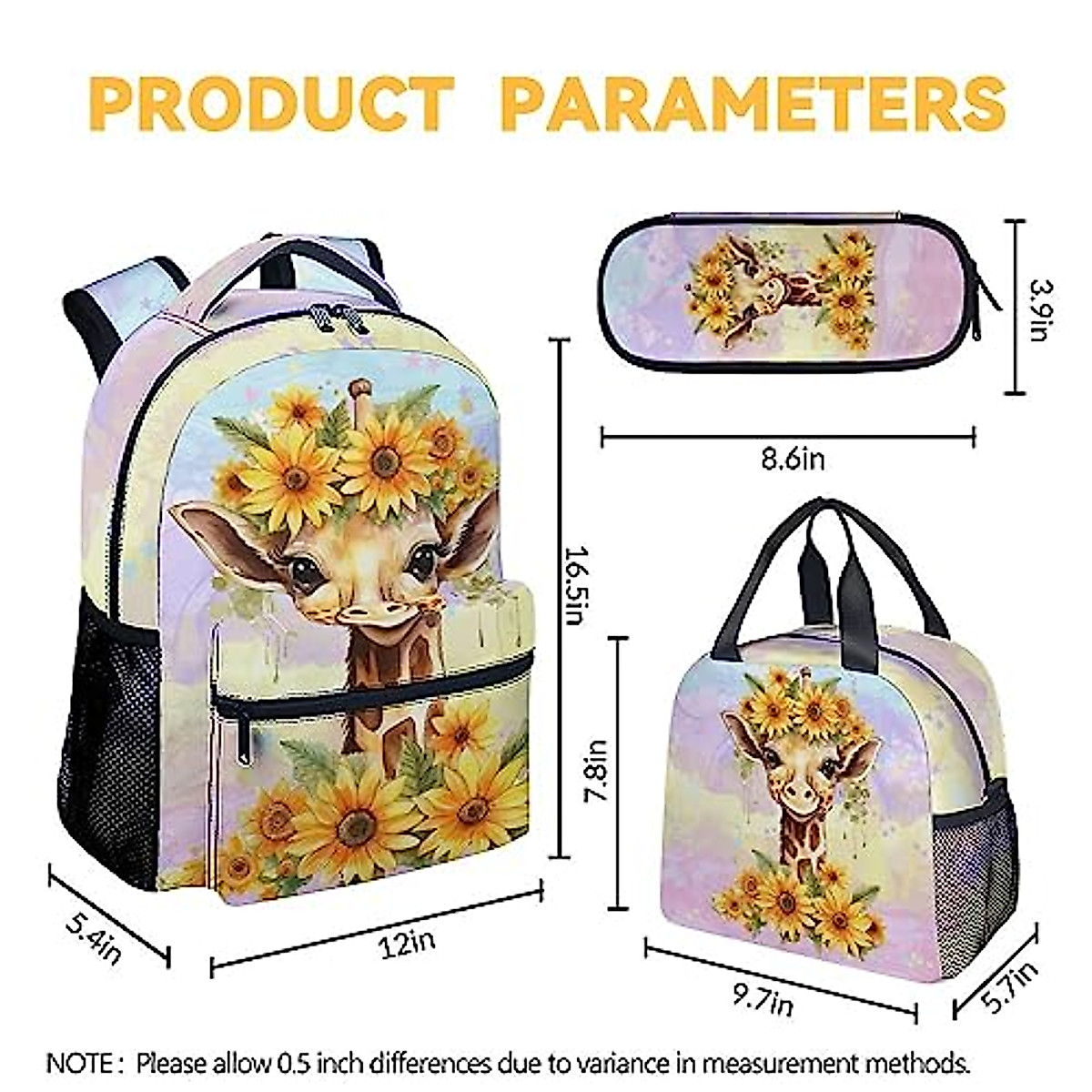 Homexzdiy Giraffe Backpack with Lunch Box Set for Girls Boys, 3 in 1 School Backpacks Matching Combo, Cute Yellow Bookbag and Pencil Case Bundle