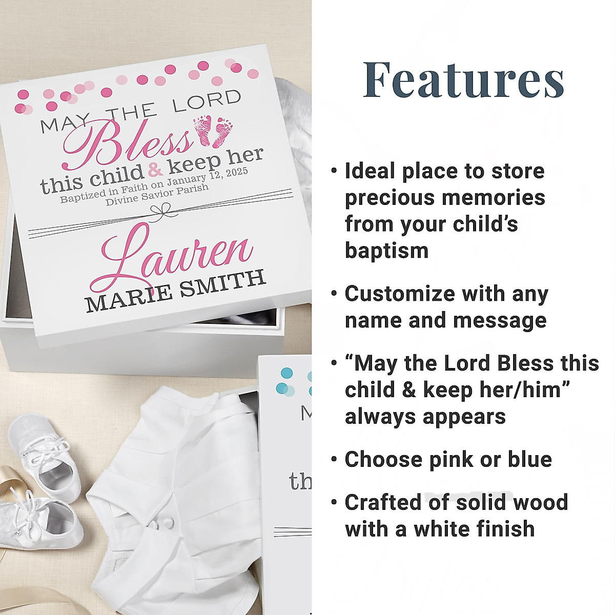 Let's Make Memories Personalized Keepsake Box for Baptism - Memories Box - Memento Storage - For Girls (Pink) - 6" Hx12 Sq