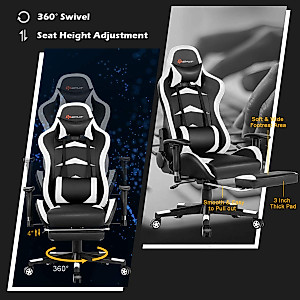 POWERSTONE Gaming Chair with Footrest Massage Video Game Chair High Back Computer Office Desk Chair Leather Recliner Rolling Swivel Chair White