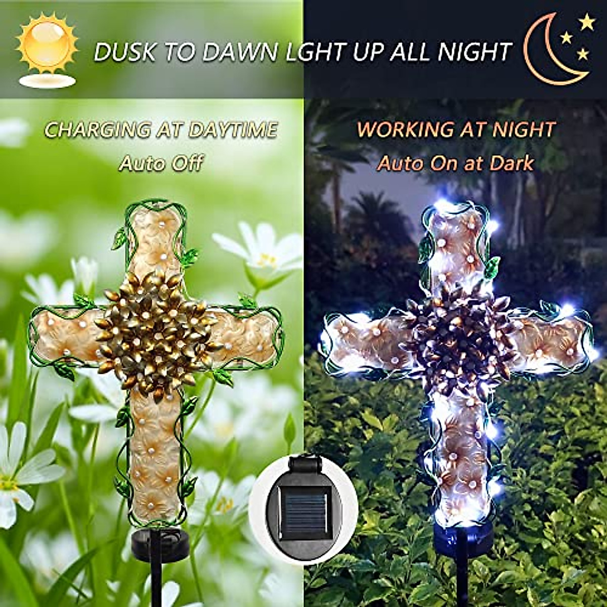 COOZZYHOUR 38inch Solar Cross Garden Lights Outdoor Decorative - Solar Metal&Glass Cross Apricot Hydrangea Flower Stake Lights- Waterproof 20 White LED for Remembrance Gifts & Sympathy Gifts