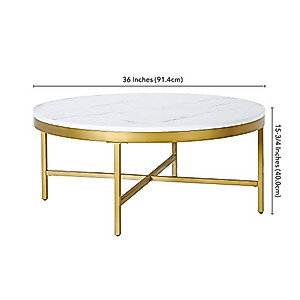 Henn&Hart 36" Wide Round Coffee Table with Faux Marble Top in Brass/Faux Marble, Modern coffee tables for living room, studio apartment essentials