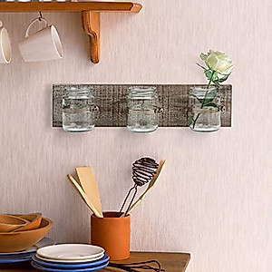 Stonebriar Rustic Industrial White Wash Wood Hanging Wall Decor with 3 Glass Jar Containers, Clear