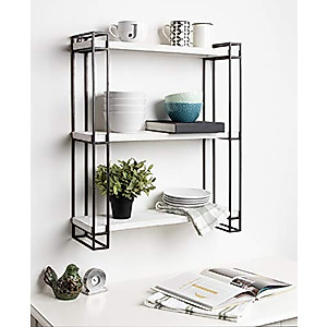 Kate and Laurel Lintz Modern Industrial Wood and Metal Floating Wall Shelves with Black Metal Frame, Rustic White