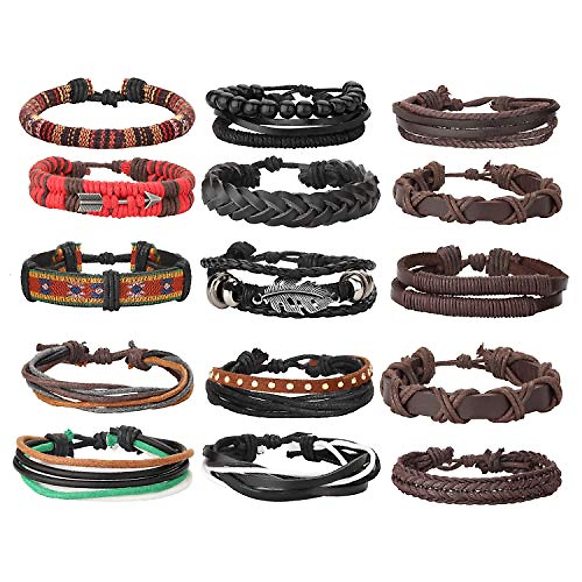 MILACOLATO 26Pcs Woven Braided Leather Bracelet for Men Women Hemp Cords Wood Beads Cuff Bracelets Adjustable Black