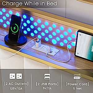 BTHFST Queen Bed Frame, LED Bed Frame with Storage Headboard, USB Ports & Outlets, Upholstered Platform Bed Frame, Sturdy Bed Foundation, Creamy White & Gold