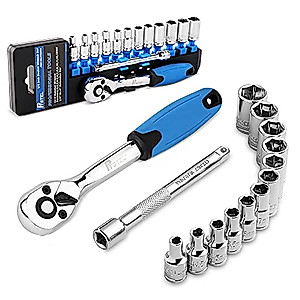 PTSTEL 14 Pieces Socket Wrench Kit, 1/4” Drive Socket Set with 72 Teeth Release Ratchet Wrench and Extension Bar, CR-V Sockets