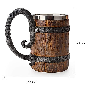 Kndatle Handmade Wooden Barrel Beer Mug, Bucket Shaped Drinkware with Handle, Stainless Steel Double Wall Cocktail Mug for Bar Restaurant, Vintage Bar Accessories (18 oz)