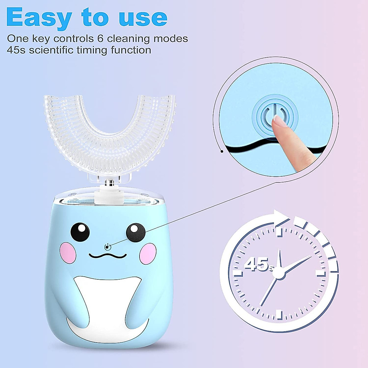 Kids Electric Toothbrush, U Shaped Ultrasonic Automatic Tooth Brush,Toothbrush with 2 Brush Heads,Six Cleaning Modes,IPX7 Waterproof,Cartoon Modeling Design for Toddler Children, Age 2-7 Blue¡­