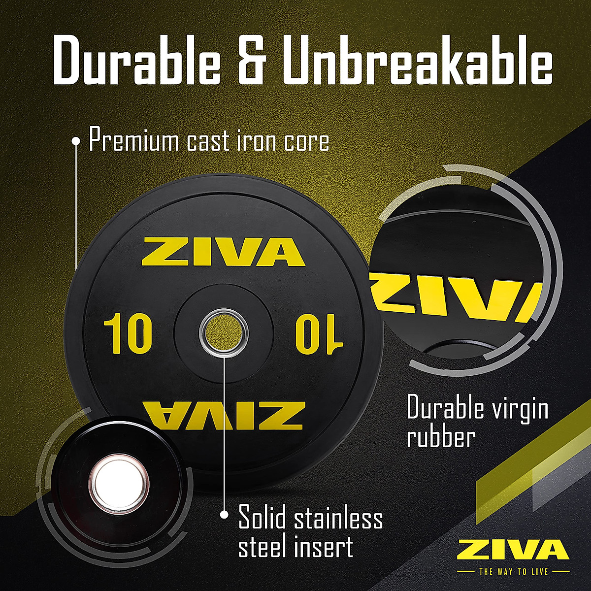 ZIVA Rubber Bumper Weight Plate - One Piece 10 lbs. Strength Training Plate - Fits 2” Olympic Bars - Precision-Calibrated Iron Weight, Ultra Durable Premium Virgin Rubber Coating - Low Bounce (10)