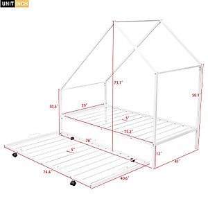 Metal House Bed with Trundle, Montessori Bed Twin Size Platform Bed Frame with Roof, Tent Bed, Modern Style Heavy-Duty Steel Frame Playhouse Bed for Kids Teens Girls Boys (Twin, White)