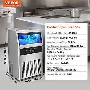VEVOR Commercial Ice Maker Machine, 100lbs/24H Ice Maker Machine with 33lbs Storage Capacity, 50 Ice Cubes in 12-15 Minutes, Built in Electric Drain Pump Ice Maker for Bar Home Office Restaurant