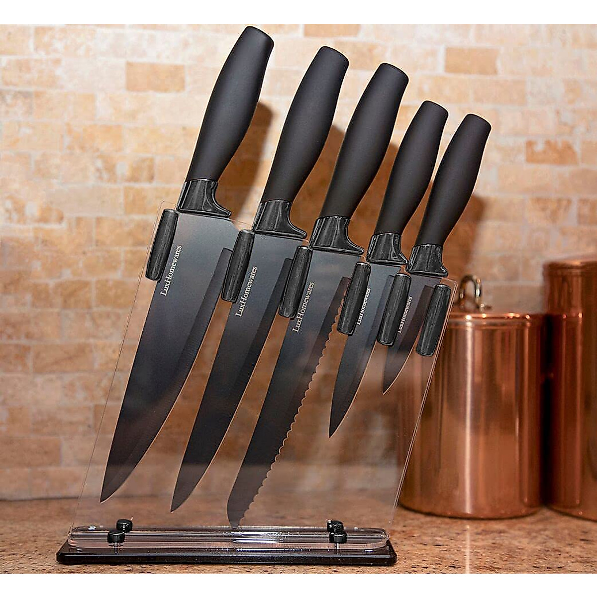 Luxhomewares 6 Piece Knife Set | 5 Beautiful Black Titanium Knives with Block Sharp Kitchen Sets Multiple Size, All Purpose 8 inch Chef, Bread, & Carving Utility Paring