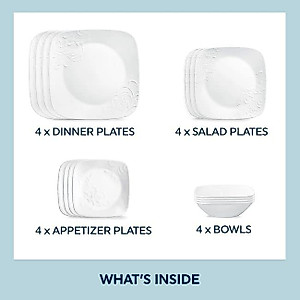 Corelle Cherish 16pc, Service for 4, Dinnerware Set, 8 plates 8 bowls, Chip & Break Resistant, Dinner Plates and Dinner Bowls, Corelleware Plates, White