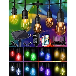 Classhine 96FT(2-Pack of 48FT) Eletric & Solar Outdoor String Lights 8-Color Change Dimmable with Remotes, Multicolor Patio Lights Waterproof, 30+5 LED Large Bulbs Shatterproof, Porch Yard Decor