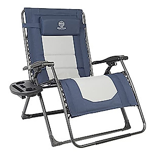 Coastrail Outdoor Zero Gravity Chair Premium Large Armrest Padded Comfort Folding Patio Lounge Adjustable Recliner with Cup Holder & Side Table, 500lb Capacity, Navy/Grey