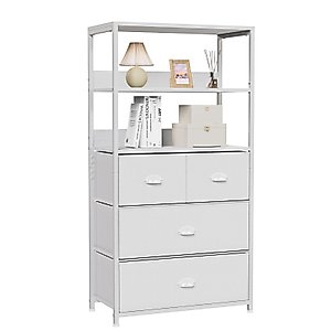 Furnulem White Dresser with 4 Fabric Bins, Tall Storage Tower with 3-Tier Shelf Vertical Standing Chest Organizer for Closet,Laundry,Bedroom,Living Room,Entryway (White)