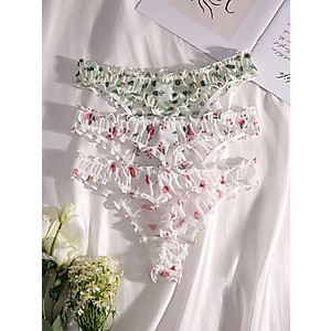 SHENHE Women's 3 Packs Sheer Mesh Lettuce Trim Cute Thong Mid Rise Panties Multicolor S