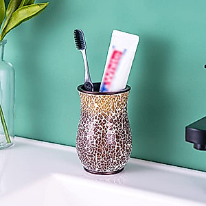 Bathroom Accessories Set 4 Pcs Mosaic Glass Resin Bath Restroom Decor Sets Collection Includes Lotion Soap Dispenser Toothbrush Holder Tumbler Soap Dish Bathroom Vanity Countertop Brown