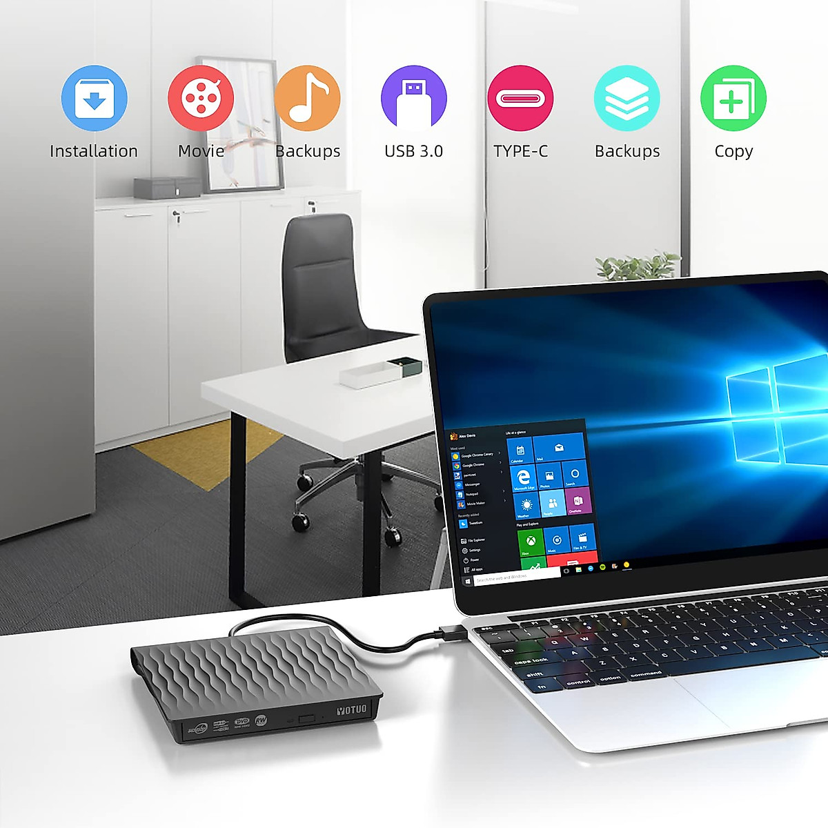 YOTUO External DVD Drive for USB 3.0 Type C, Portable DVD Write CD Burner RW ROM Optical Drive Player Reader Disk Disc with Laptop Desktop PC Windows 11/10/8/7, Mac Pro/Air MacBook, Linux (SY-IDD021)