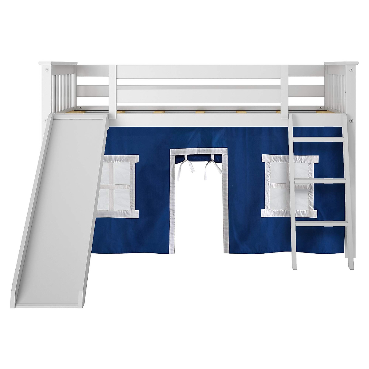 Max & Lily Low Loft Bed, Twin Bed Frame For Kids With Slide and Curtains For Bottom, White/Blue
