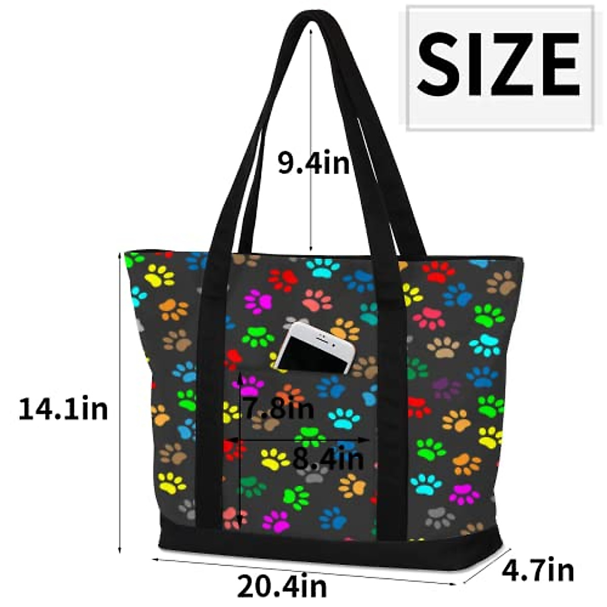Colorful Cat Dog Paw Canvas Totes Shoulder Bag for Women Girls, Animal Paw Print Handbag with External Pockets Daily Essentials Large Top Zipper Cloth Bag