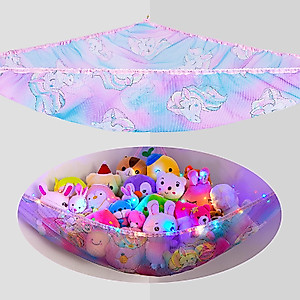 Stuffed Animals Net or Hammock Kids Toy Storage with LED Light Unicorn Castle Hanging Toy Organizer Corner Stuffed Animals Holder For Nursery Kids Girls Playroom Decor