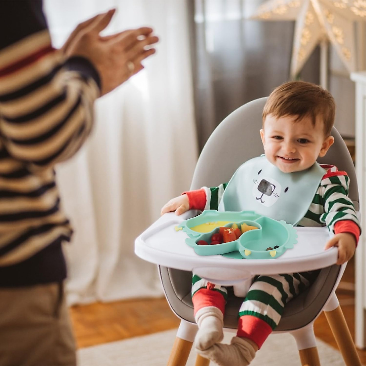 Linowos Silicone Suction Plate for Toddlers - Self Feeding Training Divided Plate Dish and Bowl for Baby and Toddler, Fits for Most Highchairs Trays (Cyan)