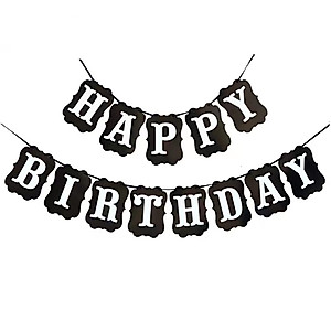 Large Black Happy Birthday Banner, Happy Birthday Bunting Sign with White Letters, Happy Birthday Decorations for Boys Women Men