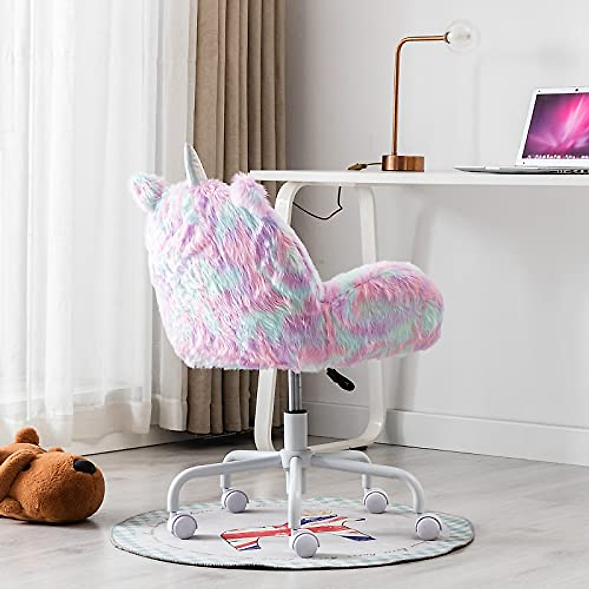 Guyou Children Study Desk Chair Height Adjustable Swivel Chair with Armrests Computer Chair for Kids, Rainbow Faux Fur Soft Fluffy Shaggy Dog