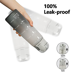 Qidordour Sports Water Bottle, 32oz Motivational Water Bottles with Time Marker & Carry Strap, Leakproof Flip Top Drinking Bottle, BPA-free, Reusable Plastic Jug For Fitness Gym, Gradient Grey